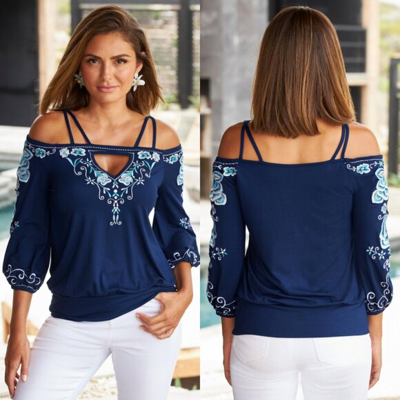 Boston Proper | Tops | Boston Proper Blue Boho Strappy Embroidered ...